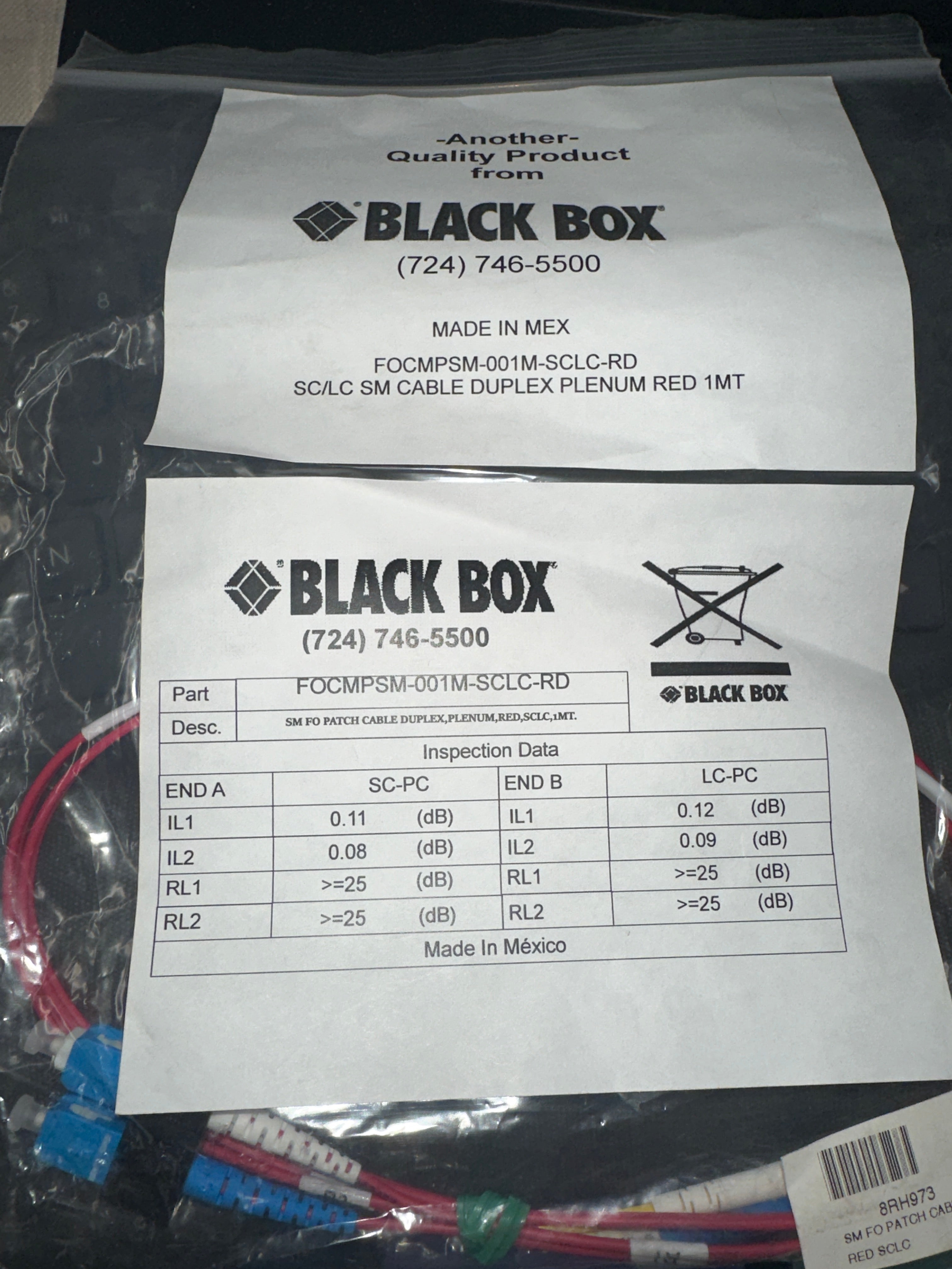 BlackBox Single Mode SC/LC Duplex Plenum Patch Cable - 1 meter (red) – Bstock